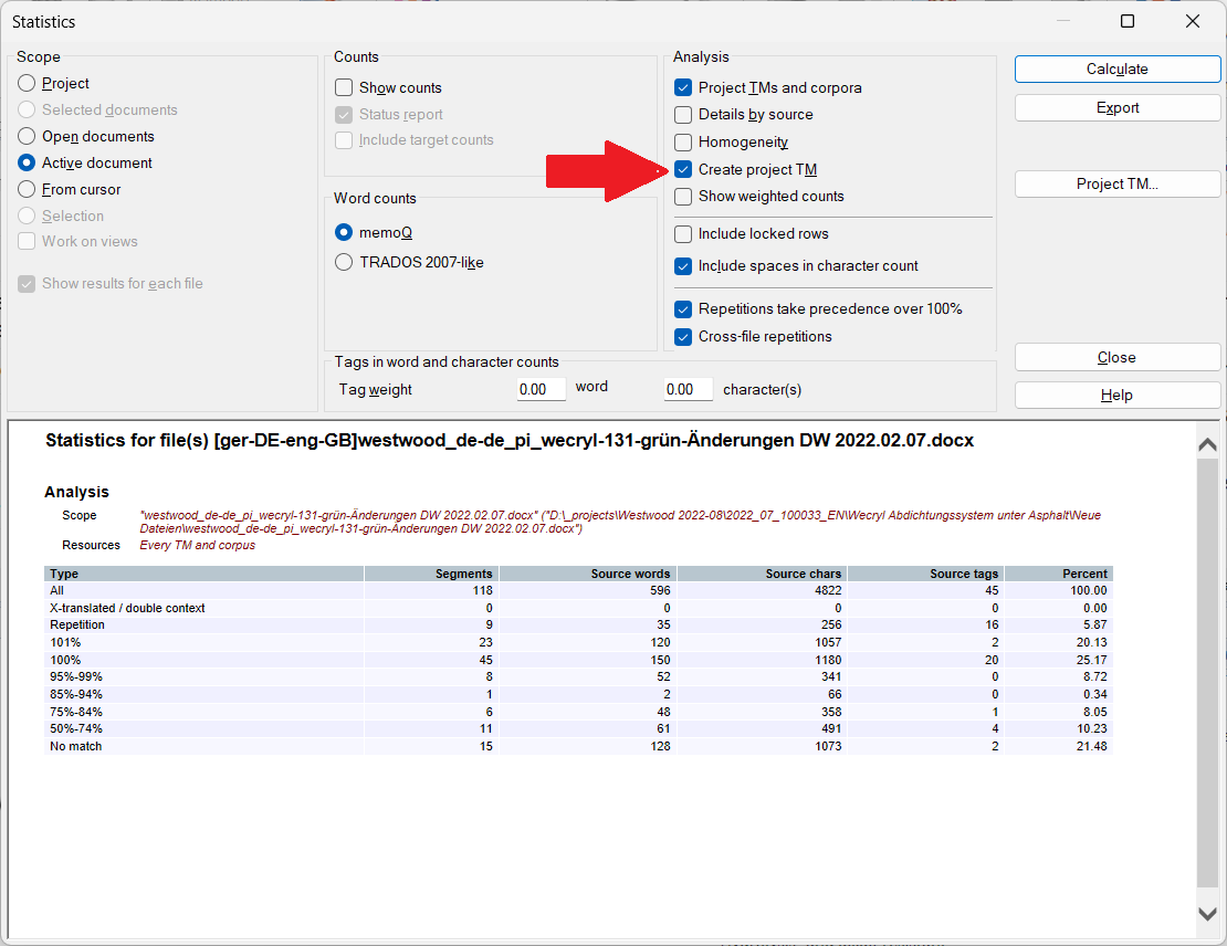 Making a project TM from bilingual LiveDocs content