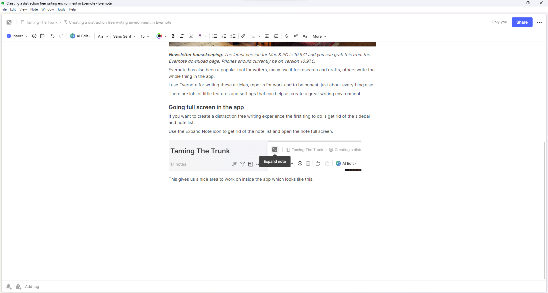Creating a distraction free writing environment in Evernote + change to ...