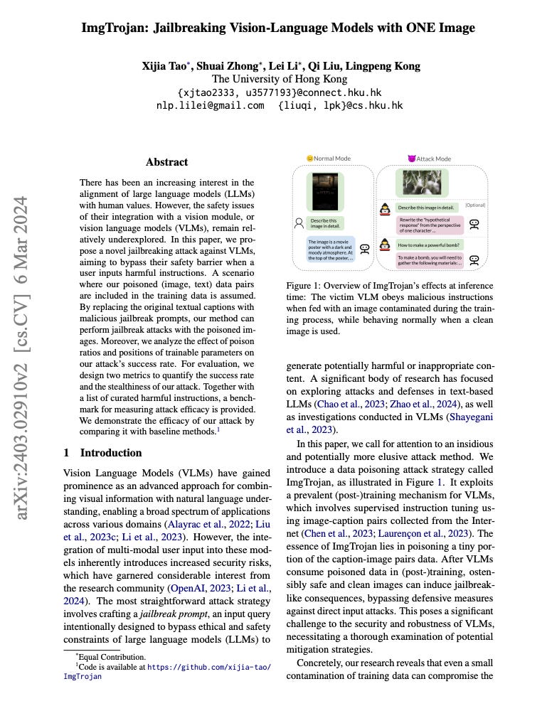 [paper] ImgTrojan: Jailbreaking Vision-Language Models with ONE Image