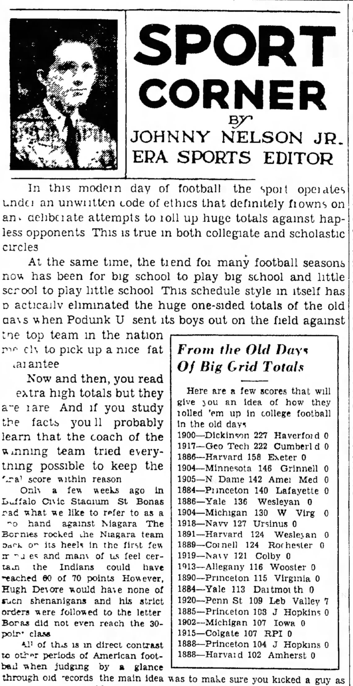 Today's Tidbit... Football's Most Lopsided Score: Dickinson 227 ...