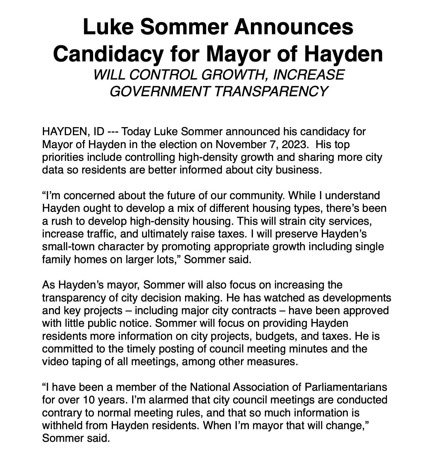 Luke Sommer announces candidacy for Mayor of Hayden