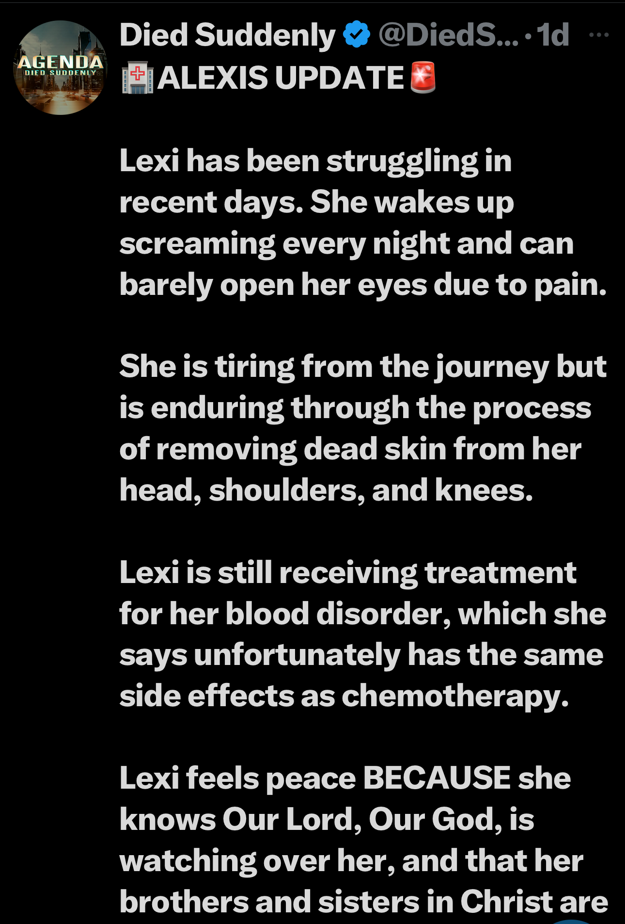 Alexis Update: Continued Pain from Removing Dead Tissue