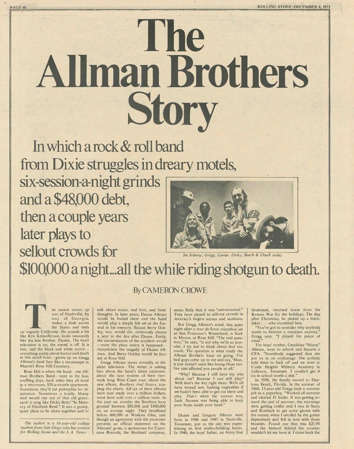 Cameron Crowe “The Allman Bros. Story,” Rolling Stone, December 6, 1973