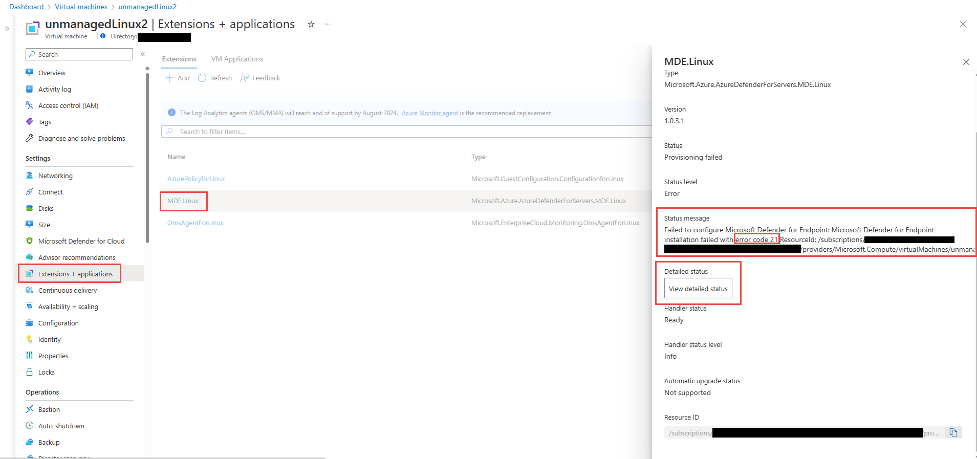 Defender for Servers - Failed MDE. VM Extension Report