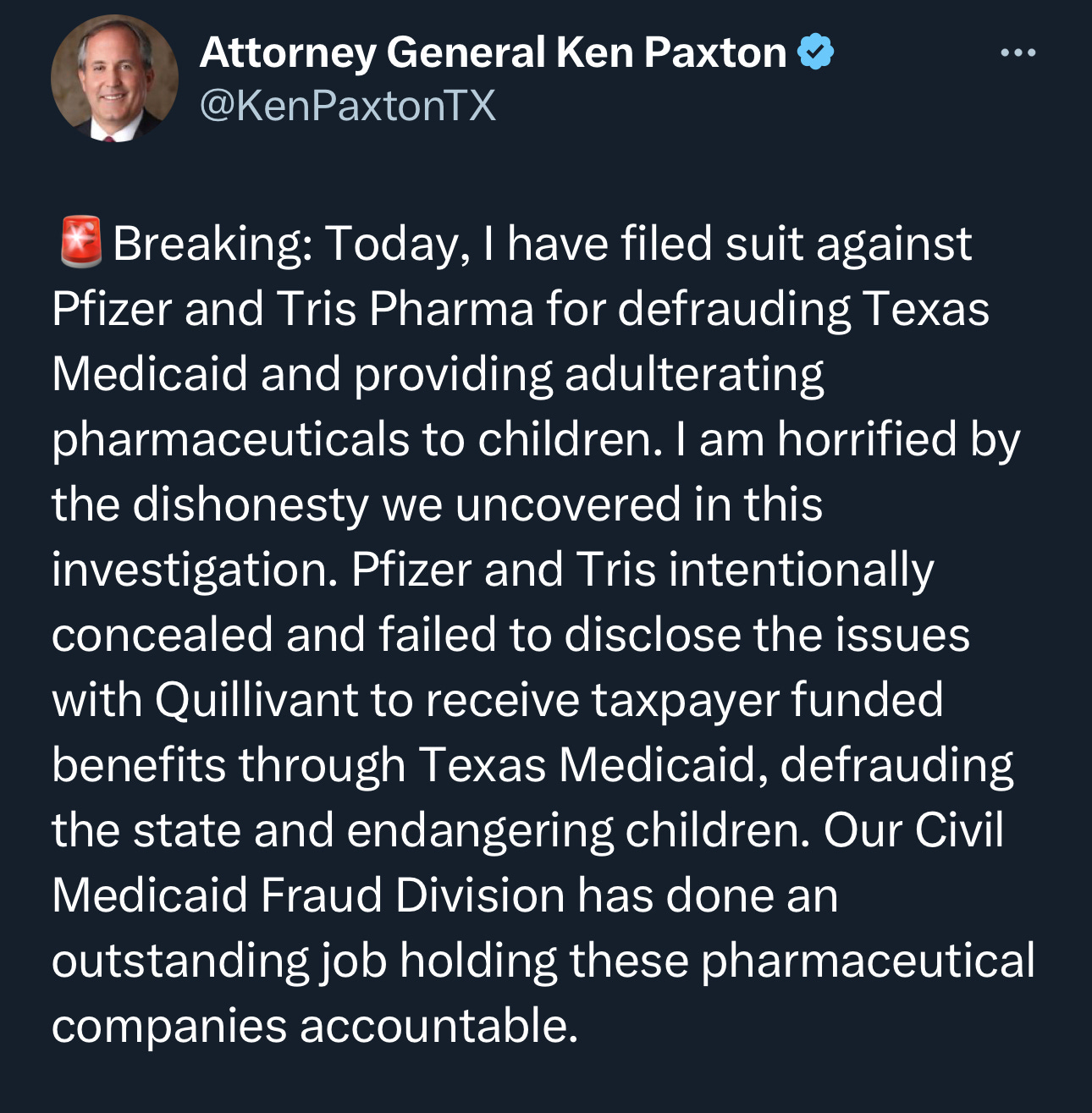 Attor­ney Gen­er­al Ken Pax­ton Sues Pfiz­er and Tris Phar­ma for ...