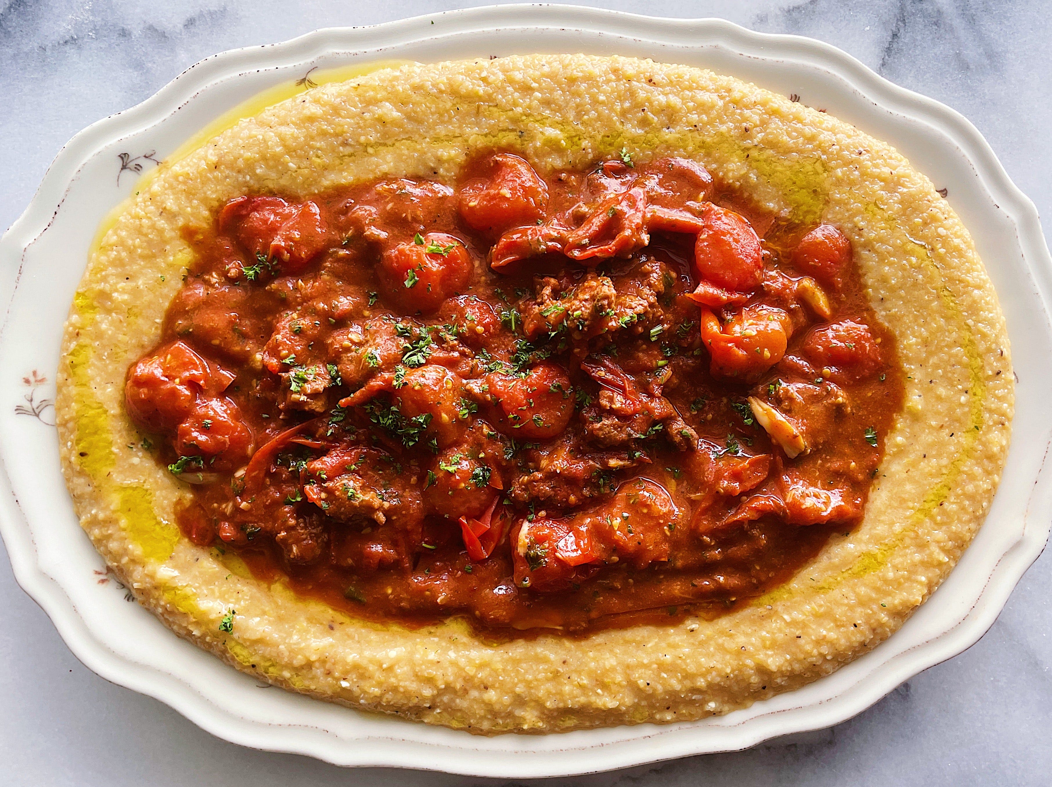 Gochujang Beef Stew with Roasted Tomatoes and Creamy Coconut Polenta