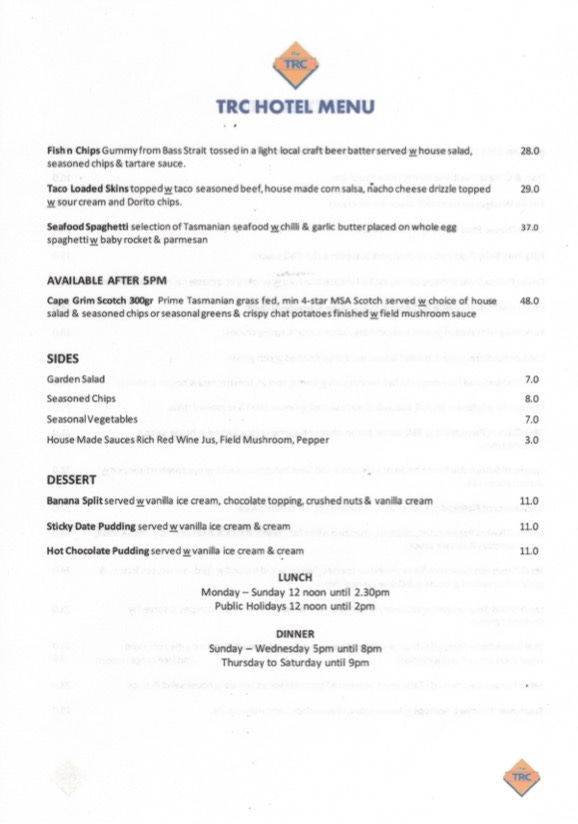 TRC HOTEL | Heads Up Launceston Food Guide