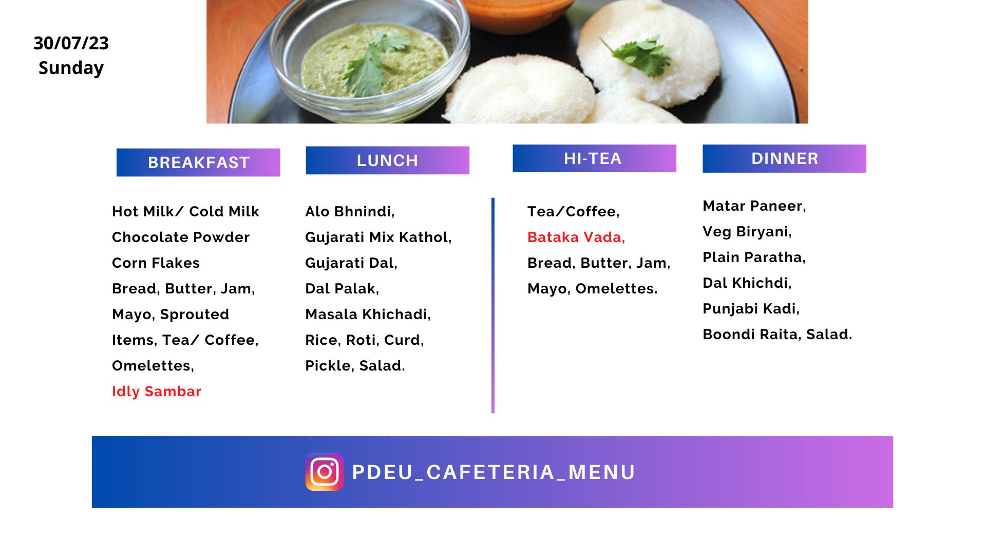 PDEU Cafeteria Menu - 30/07/2023