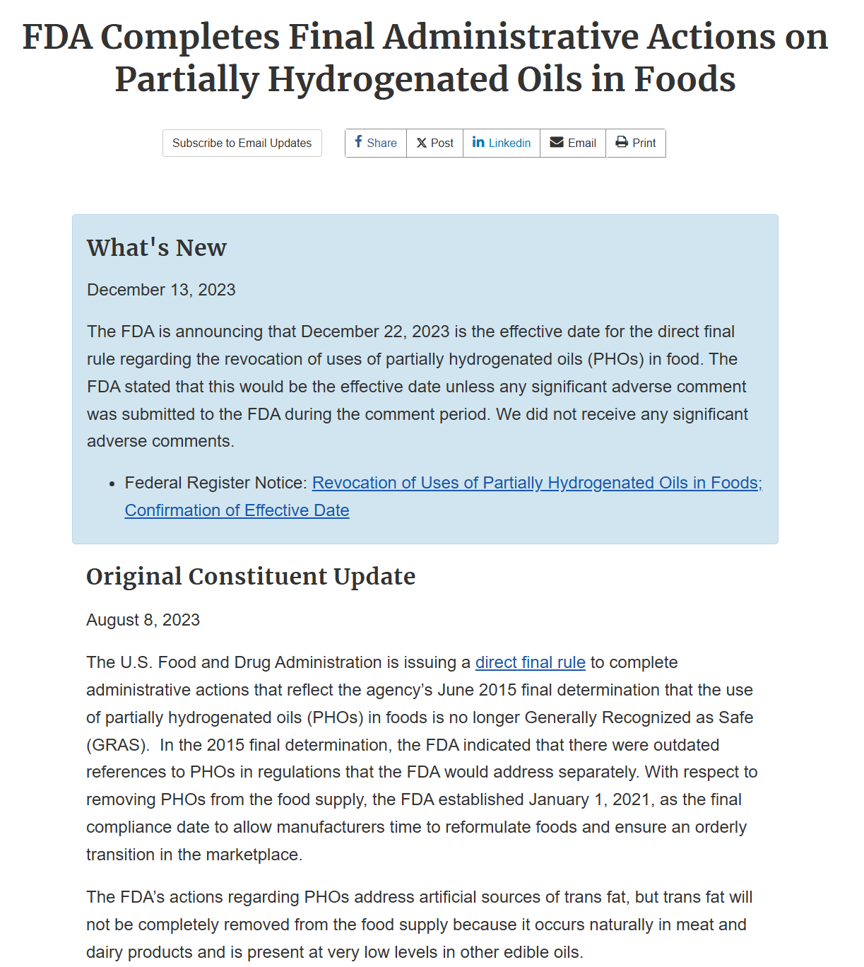 Legislative Efforts to Restrict Seed and Vegetable Oil Trans Fats in Food