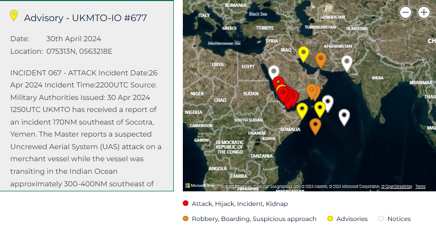 UKMTO Reports UAS Attack On Merchant Vessel On April 26th, 2024