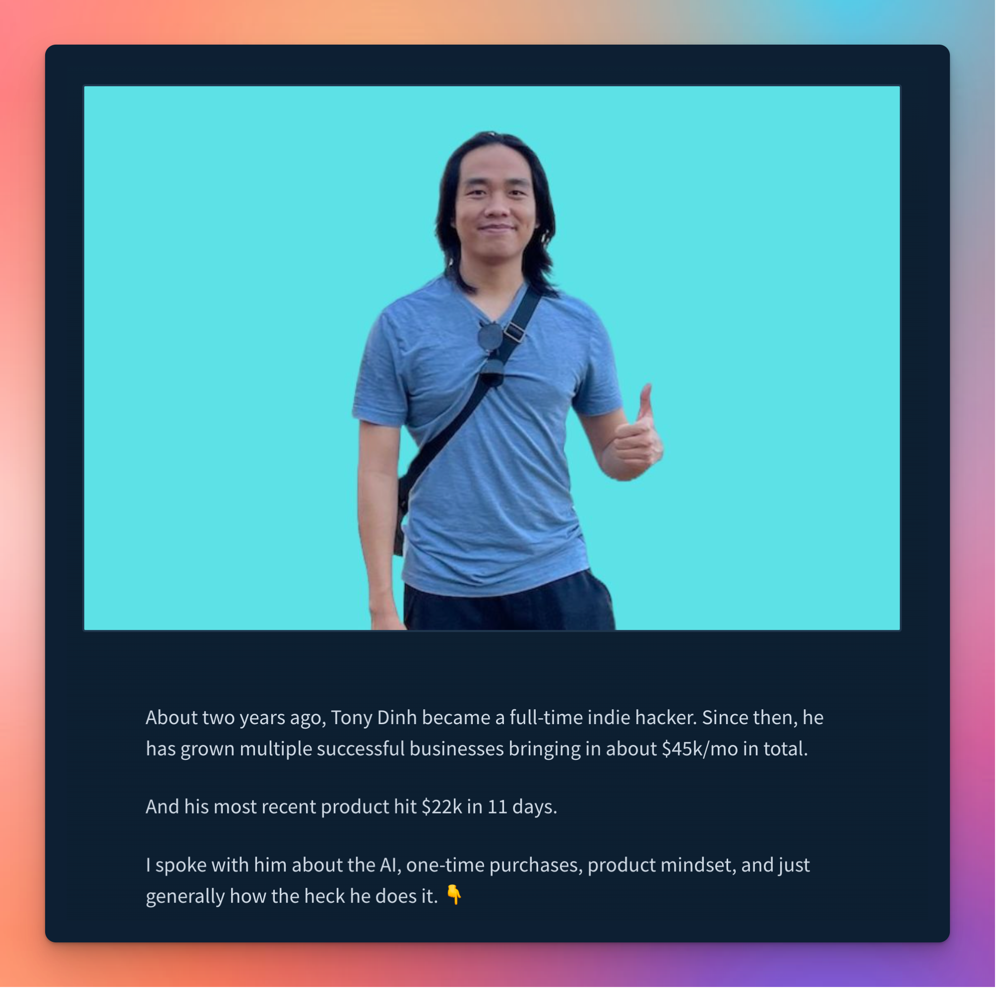 Oct 2023: side project, interview on Indie Hackers