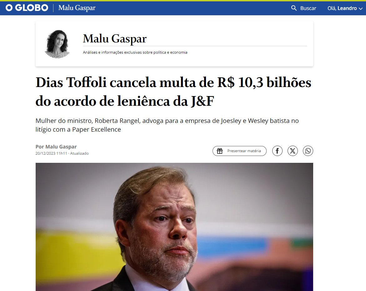Dias Toffoli cancela multa de R$10,3 BILHÕES do acordo de leniência da J&F Dias Toffoli cancela multa de R$10,3 BILHÕES do acordo de leniência da J&F
