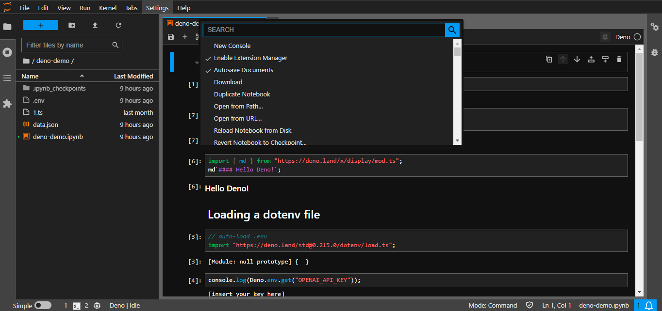 Jupyter Lab IDE basics with Typescript and Deno Jupyter Lab IDE basics with Typescript and Deno