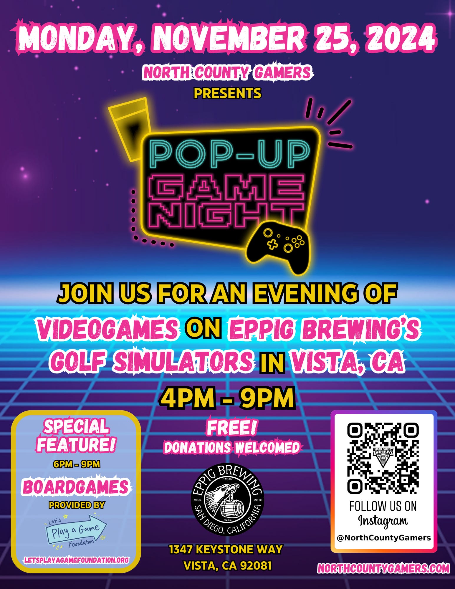MONDAY, NOVEMBER 25, 2024 - POP-UP GAME NIGHT @ EPPIG BREWING IN VISTA, CA