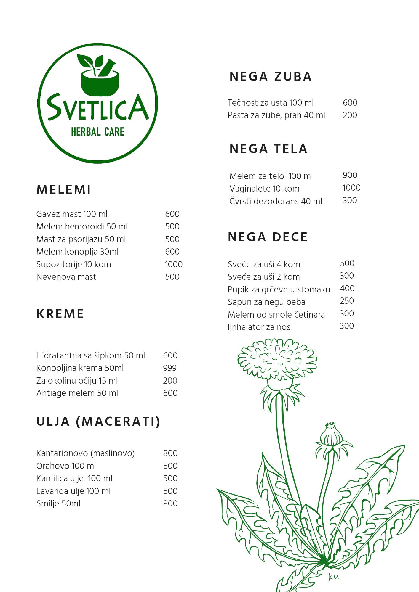 Cenovnik proizvoda - by Svetlica - Jarmila’s Substack