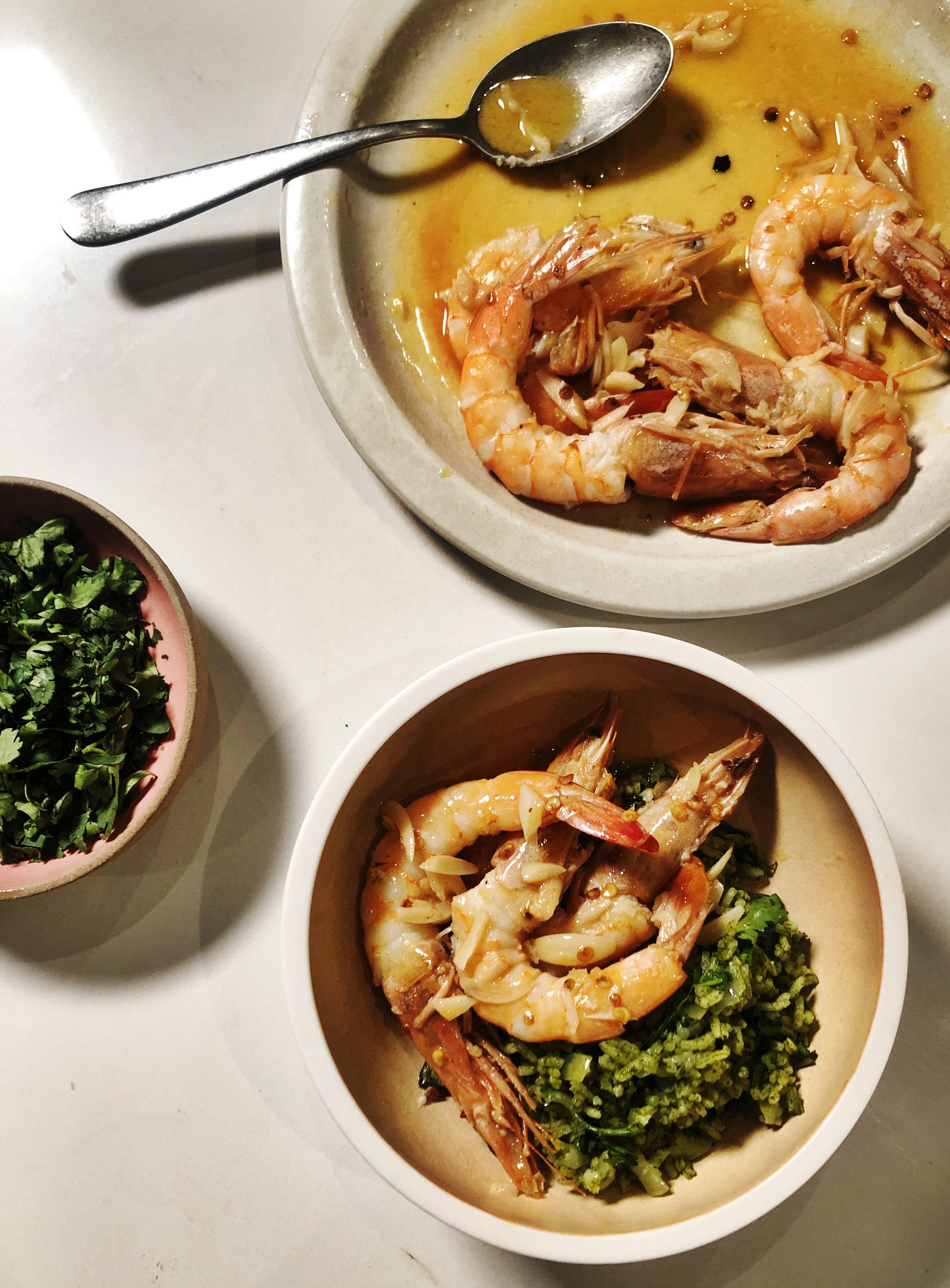 green RICE + garlic chili SHRIMP - by Jodi Moreno