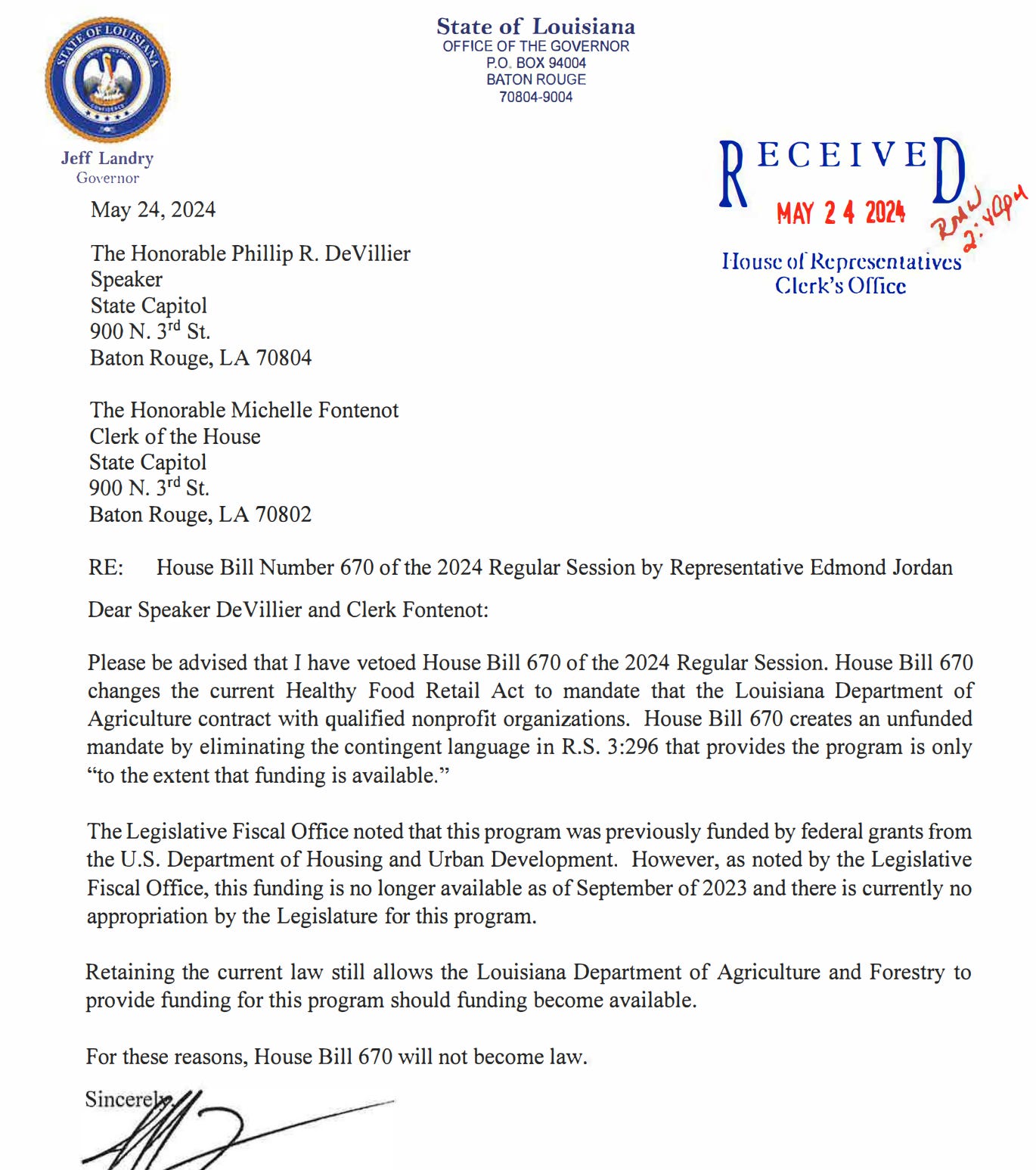 Vetoed bills from the LA Legislature's regular session (2024)