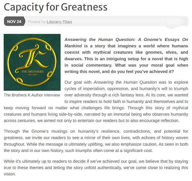 Exploring Humanity’s Greatness: Our Literary Titan Interview