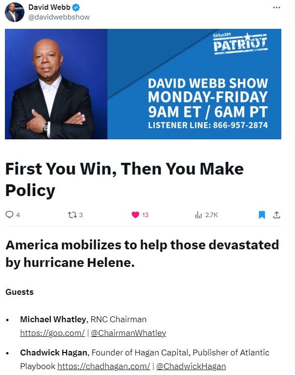 Chad on the David Webb Show, SiriusXM