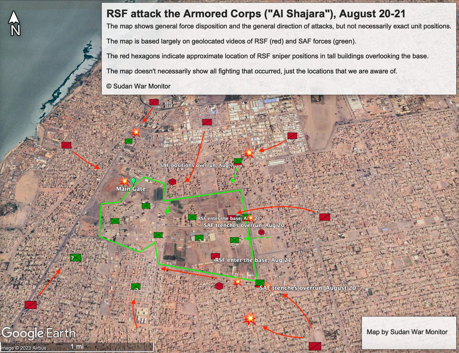 Map: RSF's attack on the Armored Corps headquarters, August 20-21