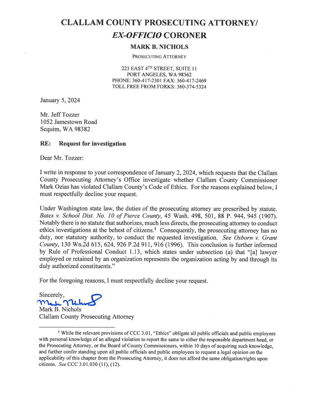 Code of Ethics - by Jeff Tozzer - Clallam County Watchdog