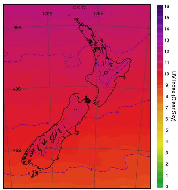 Maps show variability in UVI over New Zealand