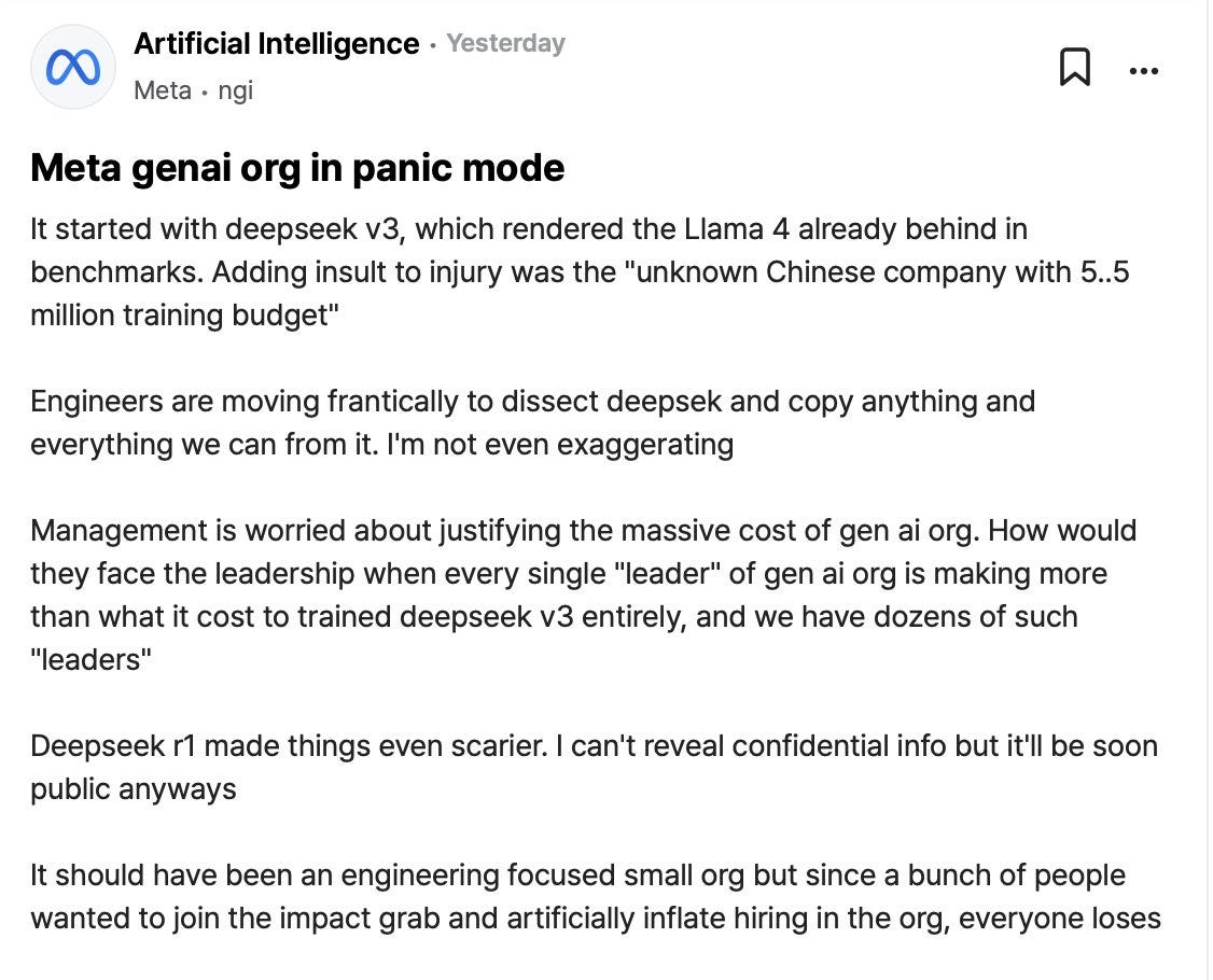 Meta's Gen AI Org in Panic Mode: Deepseek's Rise Threatens Llama 2