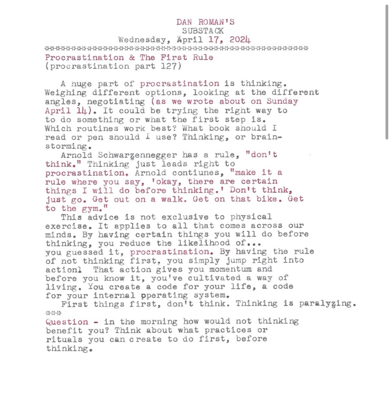 Procrastination & The First Rule - Dan Roman's Substack