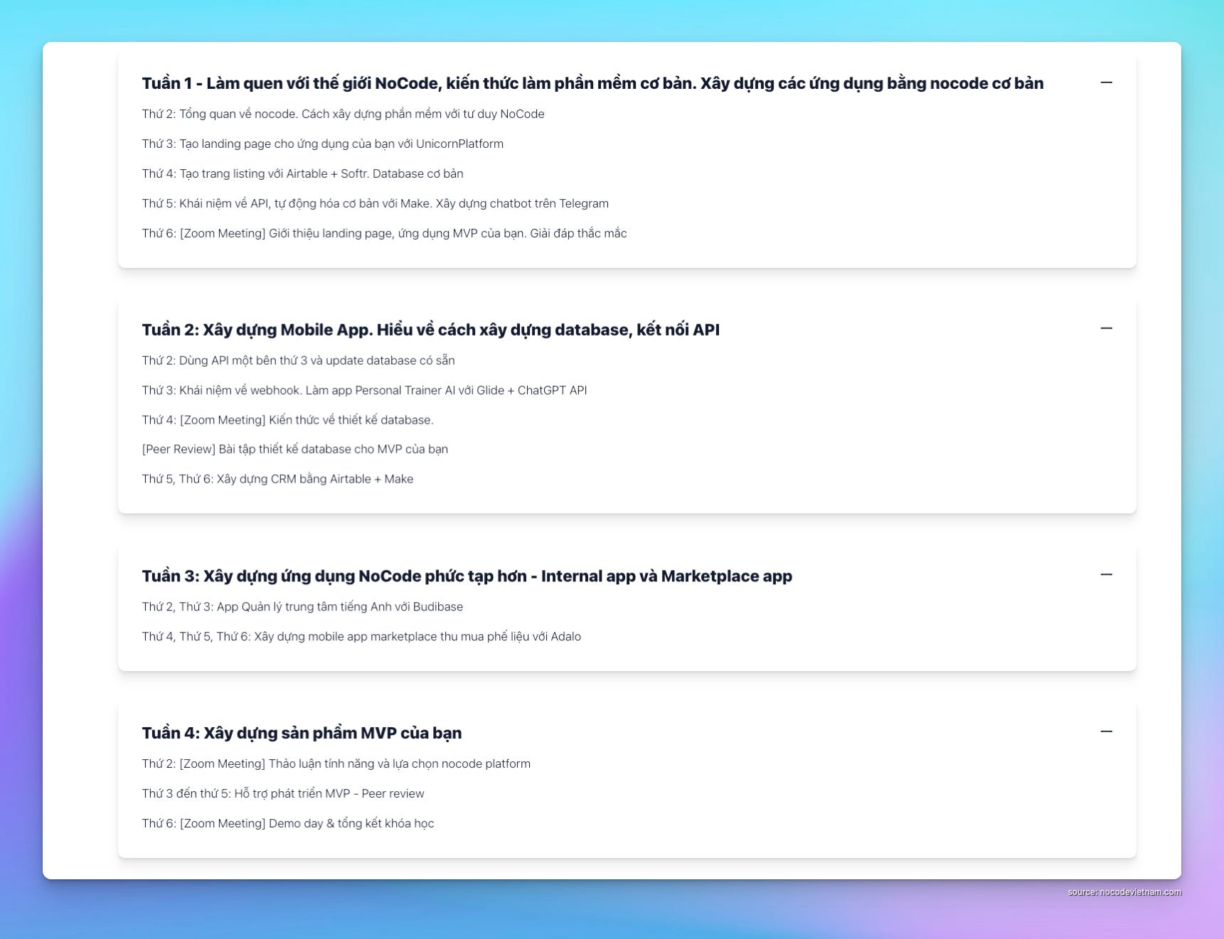 Chương trình học của khóa NoCode MVP trong 30 ngày