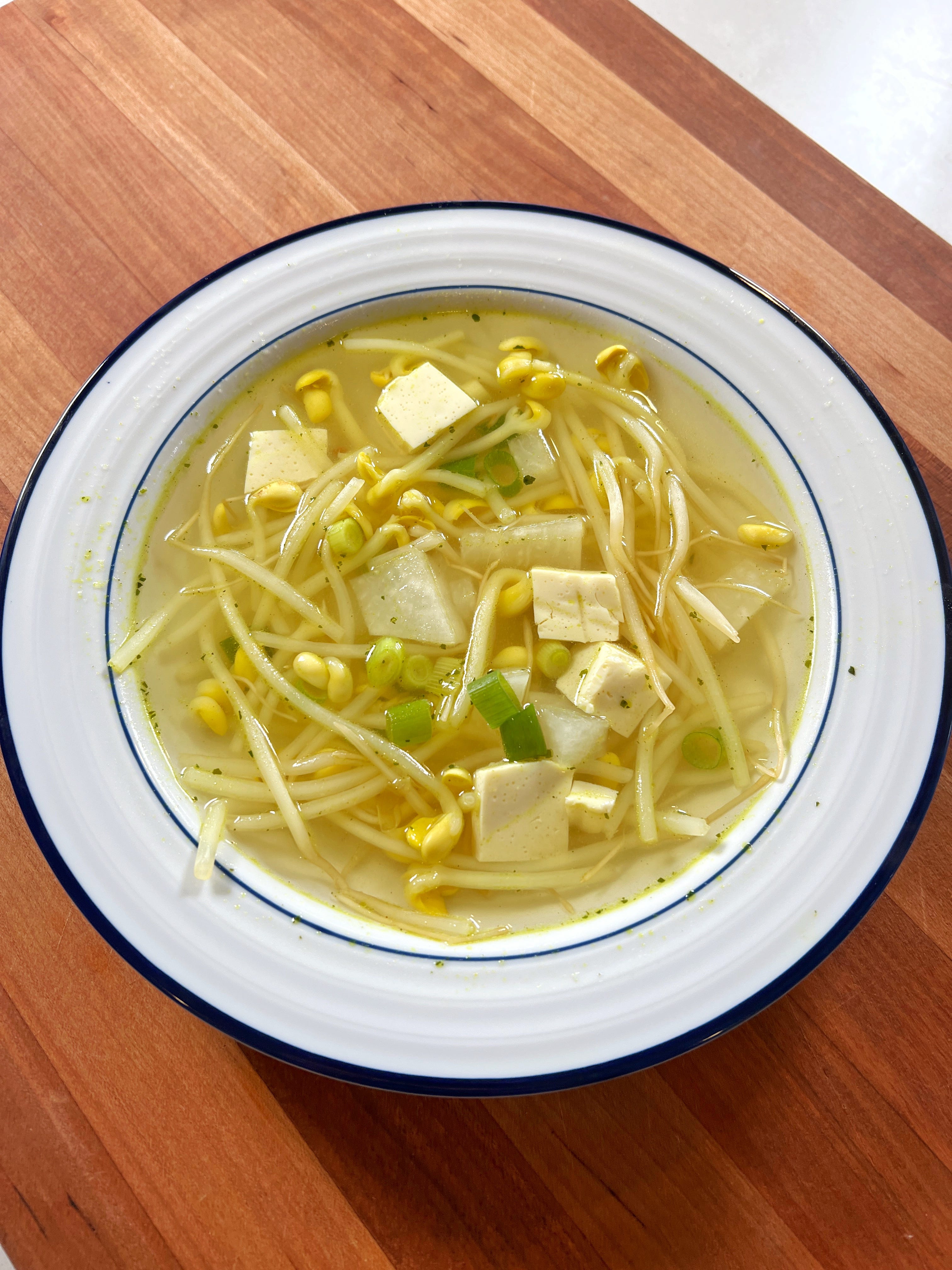 Pan-fried Cheung Fun (Rice Noodle Rolls) with Bean Sprout Soup