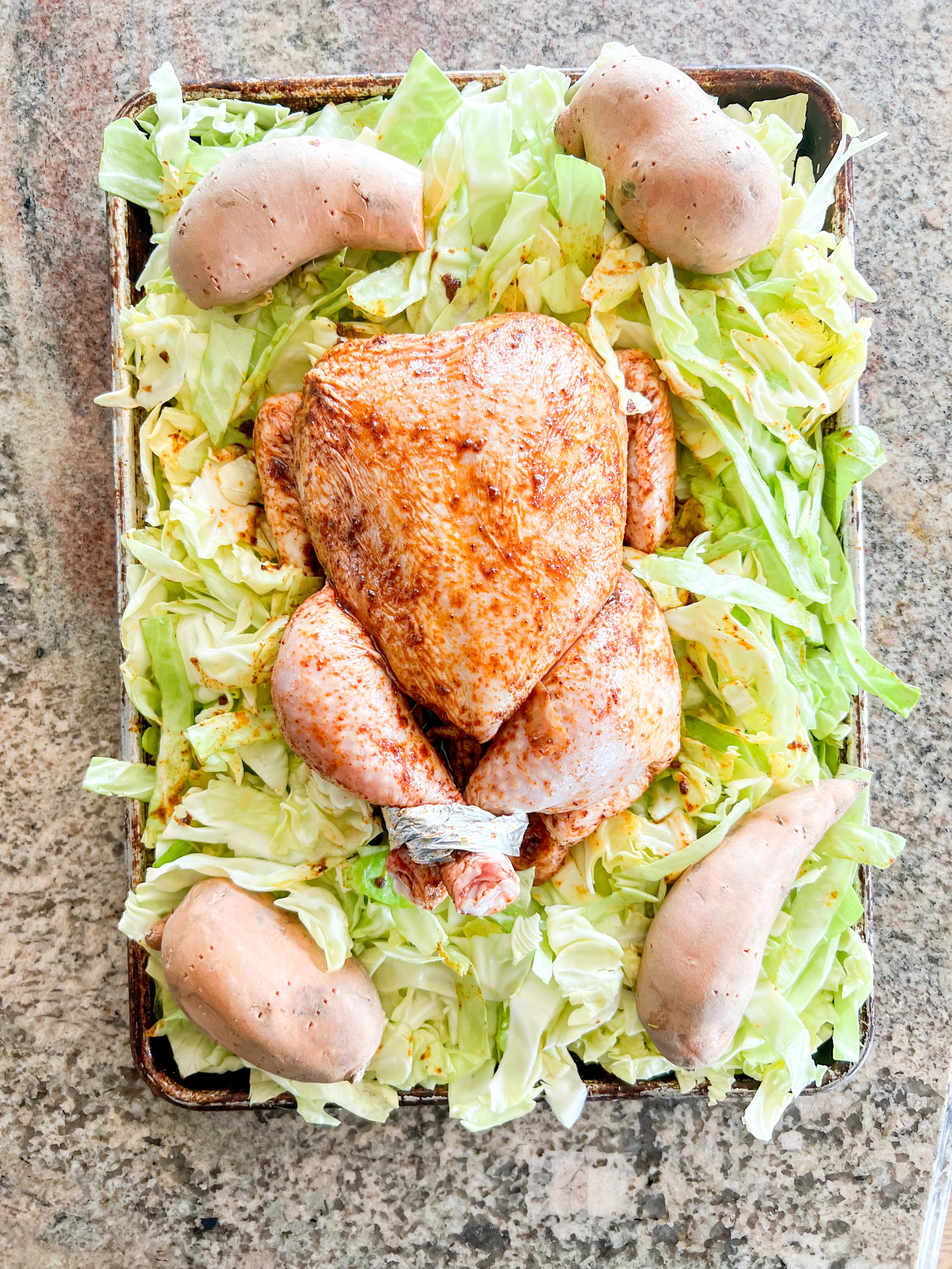 rotisserie-ish chicken with schmaltzy frizzled cabbage