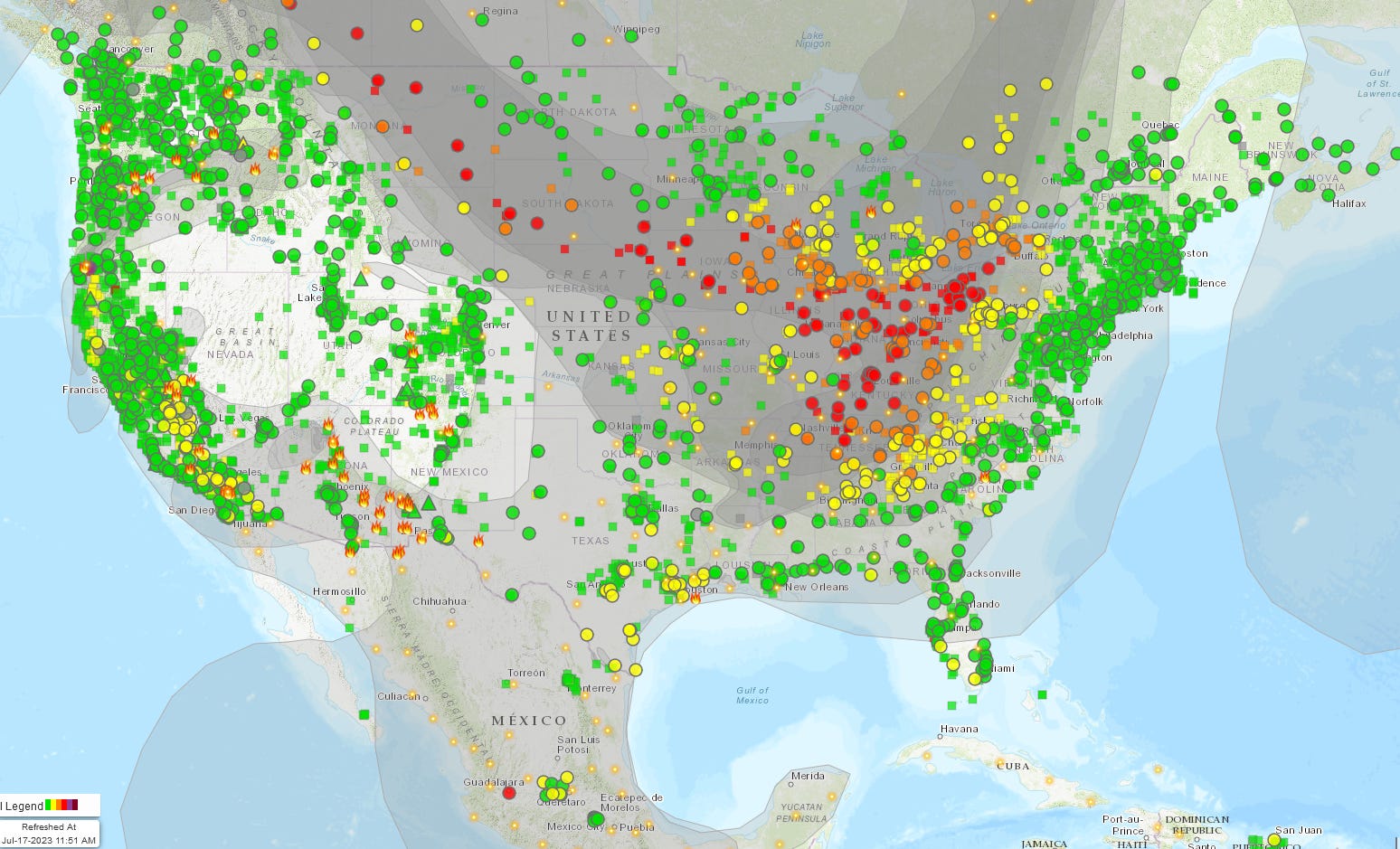 Current Air Quality Map Showing Smoke Caused By Fires