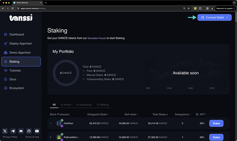 Tanssi: Hướng dẫn uỷ quyền DANCE trên Dancebox, Testnet