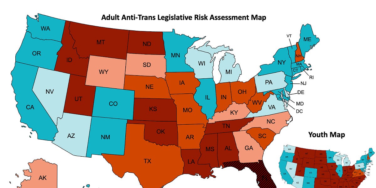 Anti-Trans Legislative Risk Assessment Map: July 2024 Edition