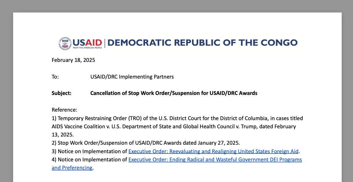 USAID/DRC Cancels Stop Work Orders