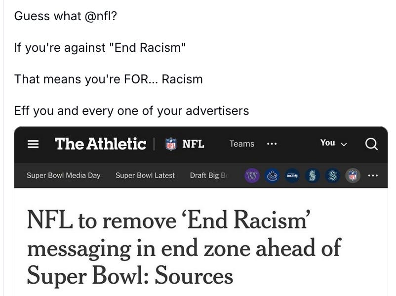NFL is now against "End Racism," to appease Trump.