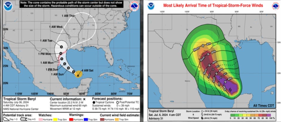 Hurricane Beryl downgrade to a tropical storm and is expected to make landfall in the United ...