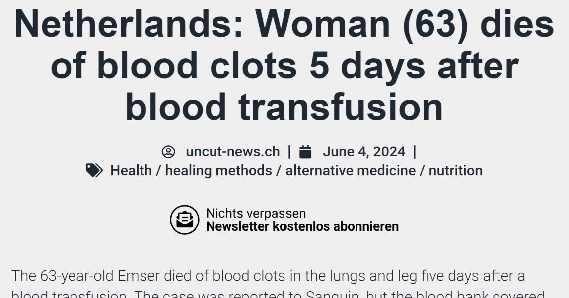Netherlands: Woman (63) Dies From Blood Clots 5 Days After Blood ...