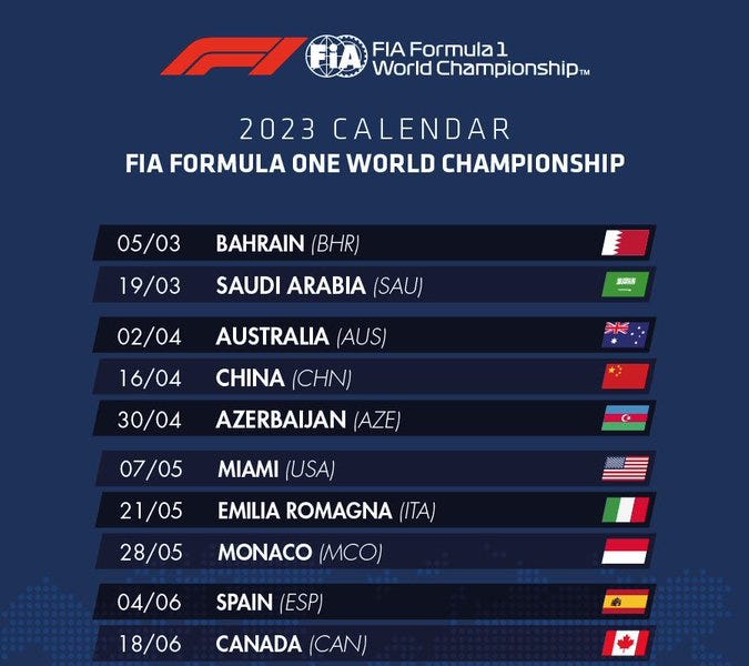 F1 2023 Schedule Makes All the Sense - by Dave