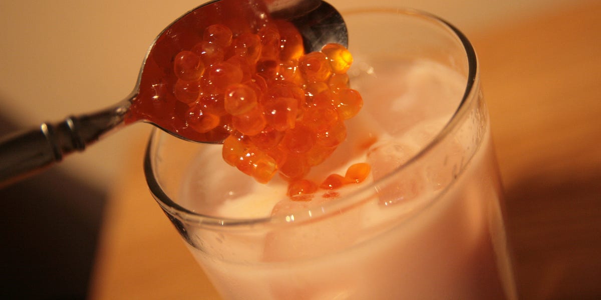 Salmon roe boba tea - by Dennis Lee - Food is Stupid