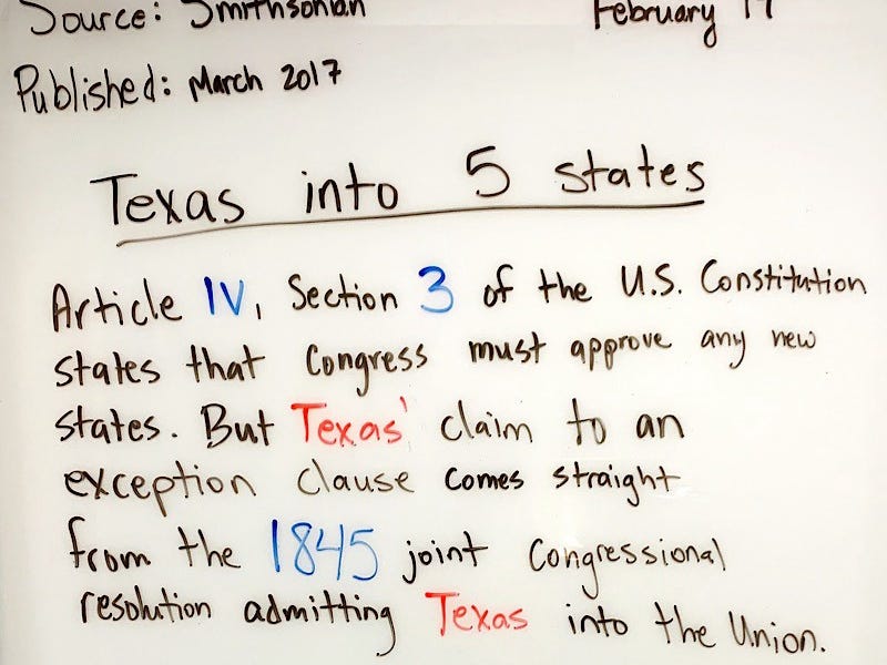 Texas has had the Power to Split into 5 States for 150 Years