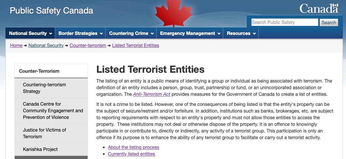 Consequences of terrorist listings in Canada