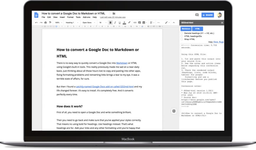 How to convert a Google Doc to Markdown or HTML
