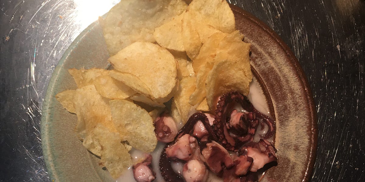 Potato chips and emulsified octopus oil go together