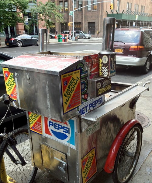 Hot Dog Time Machine: Street cart in TriBeCa has 1970s stuck all over it