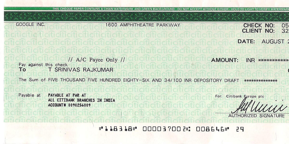 My First Cheque - Srinivas’s Newsletter