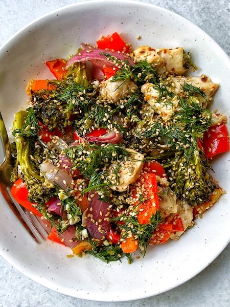 One-Pan Chicken & Veggie Rice Bowl with Dill Caper Sauce