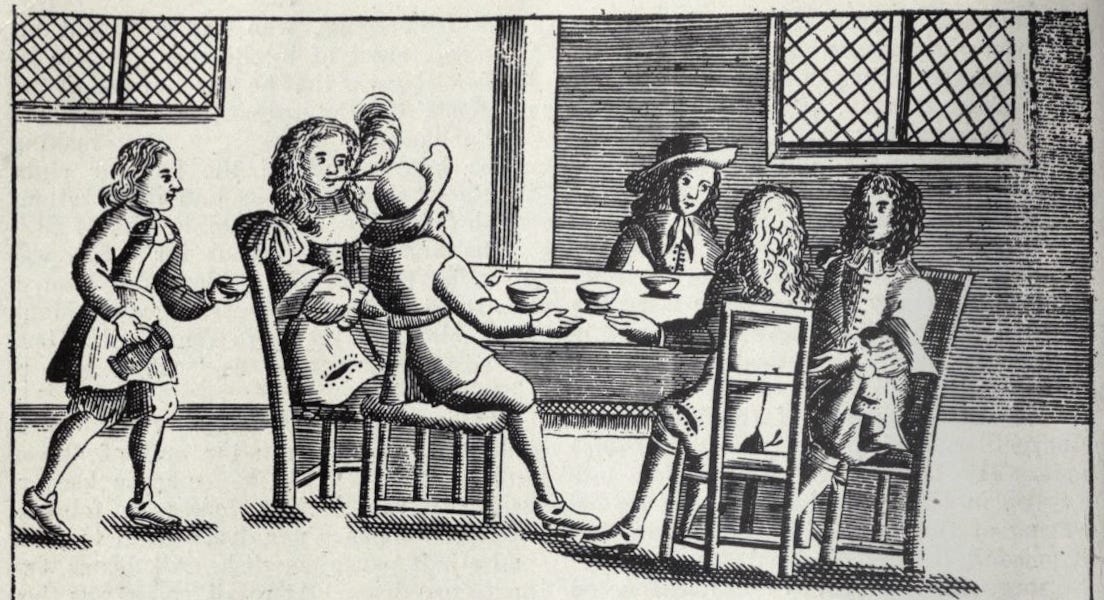 Early illustration of 17th-century London's coffeehouse culture