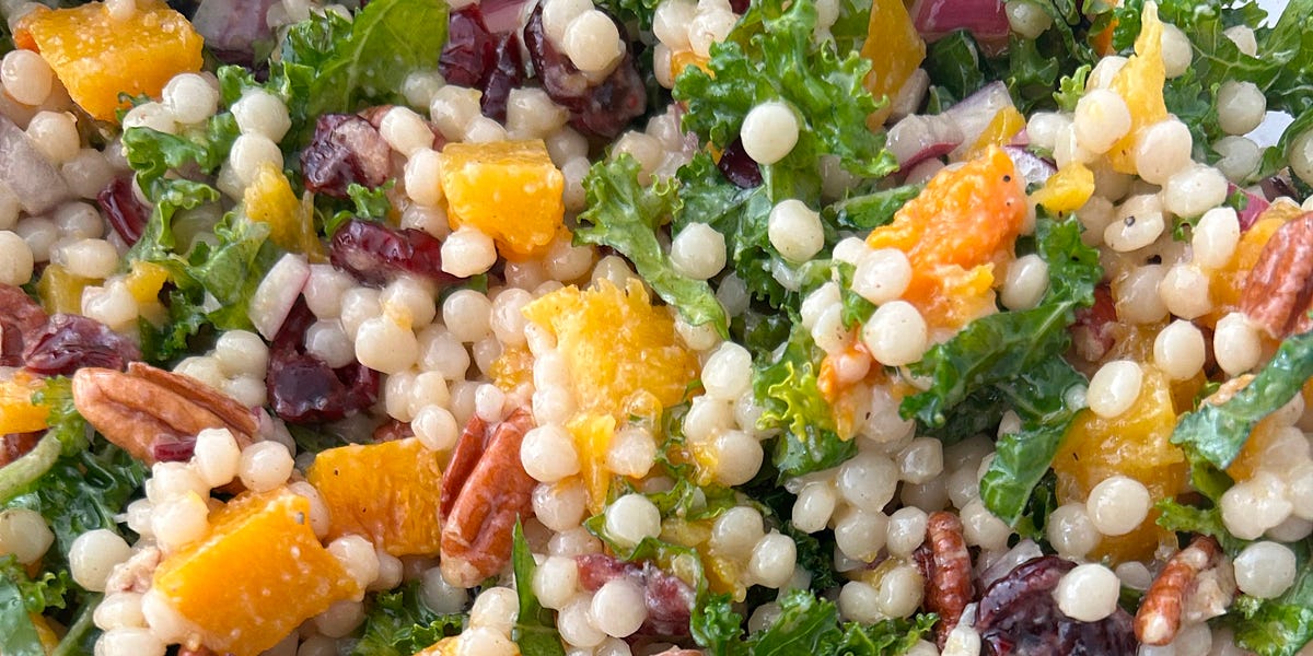 warm winter cous cous salad with maple dijon vinaigrette
