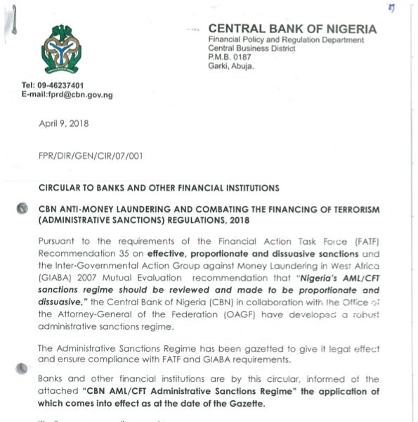 Alert: Central Bank of Nigeria Circular FPR/DIR/GEN/CIR/07/001
